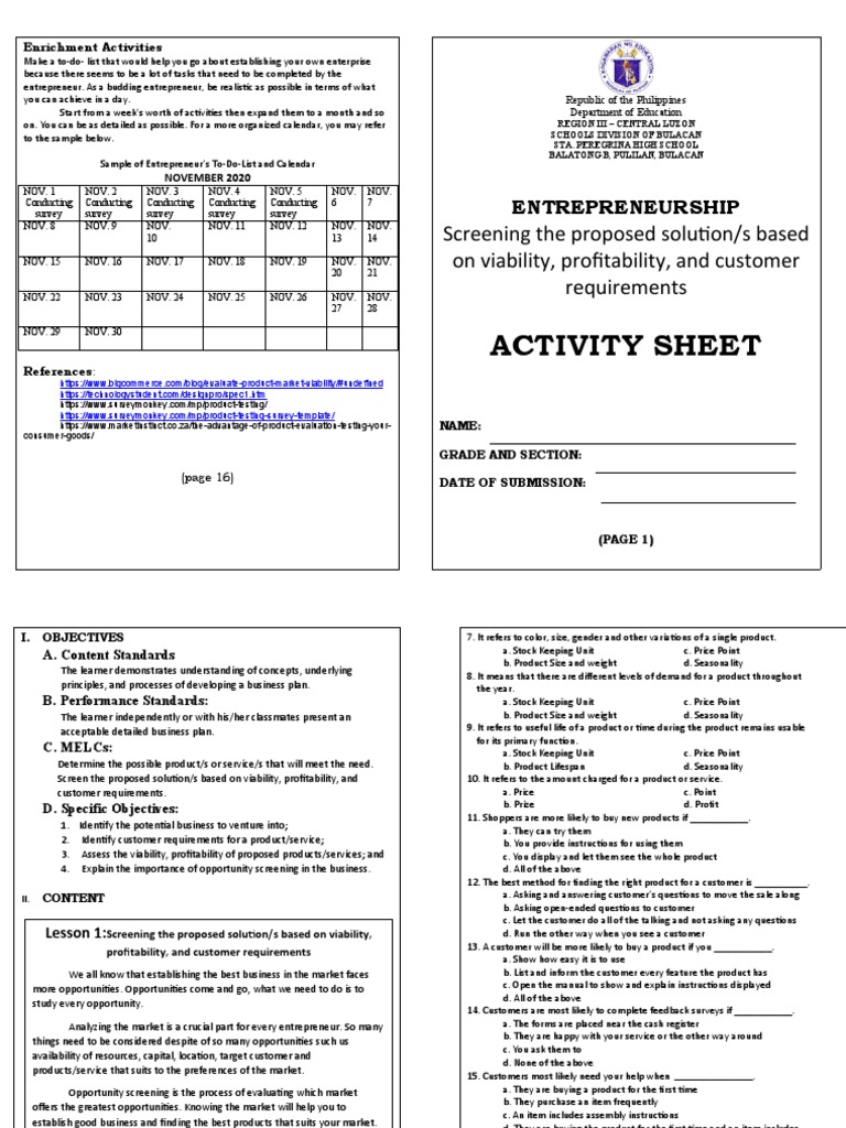 ENTREP ACTIVITY SHEET 1st Quarter Week 5 To 6 Edited 2 | PDF | Customer ...