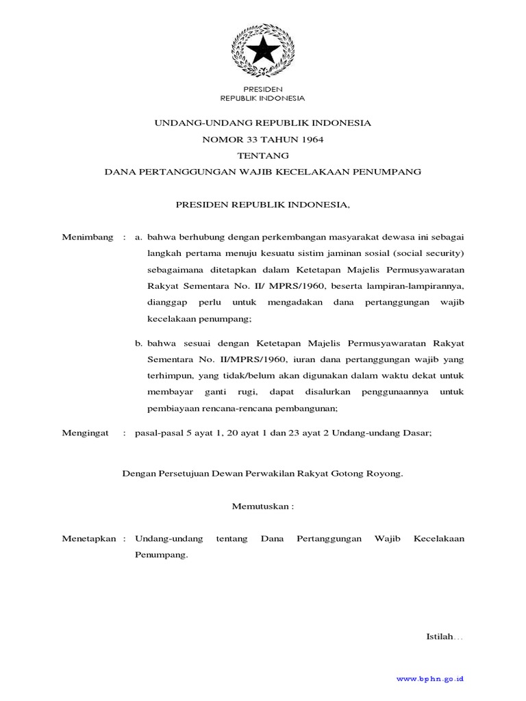 Undang-Undang 1964 33 Dana Pertanggungan Wajib Kecelakaan Penumpang | PDF