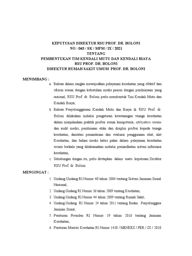 SK Tim Kendali Mutu Dan Biaya | PDF