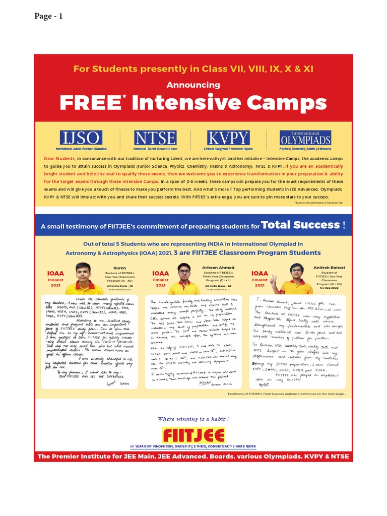 FIITJEE Intensive Camps for Olympiads & JEE | PDF | Science Education ...