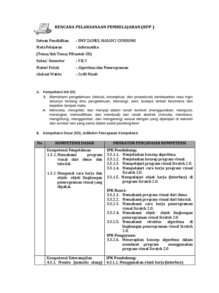 Rencana Pelaksanaan Pembelajaran (RPP) : No Kompetensi Dasar Indikator Pencapaian Kompetensi IPK ...