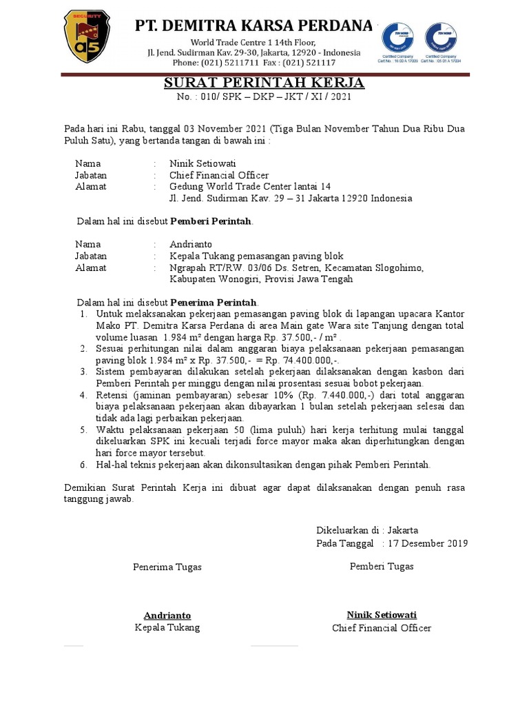 Draft SPK Pekerjaan Pasang Paving Blok | PDF