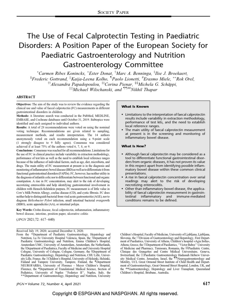 2021 The Use of Fecal Calprotectin Testing in Paediatric | PDF ...