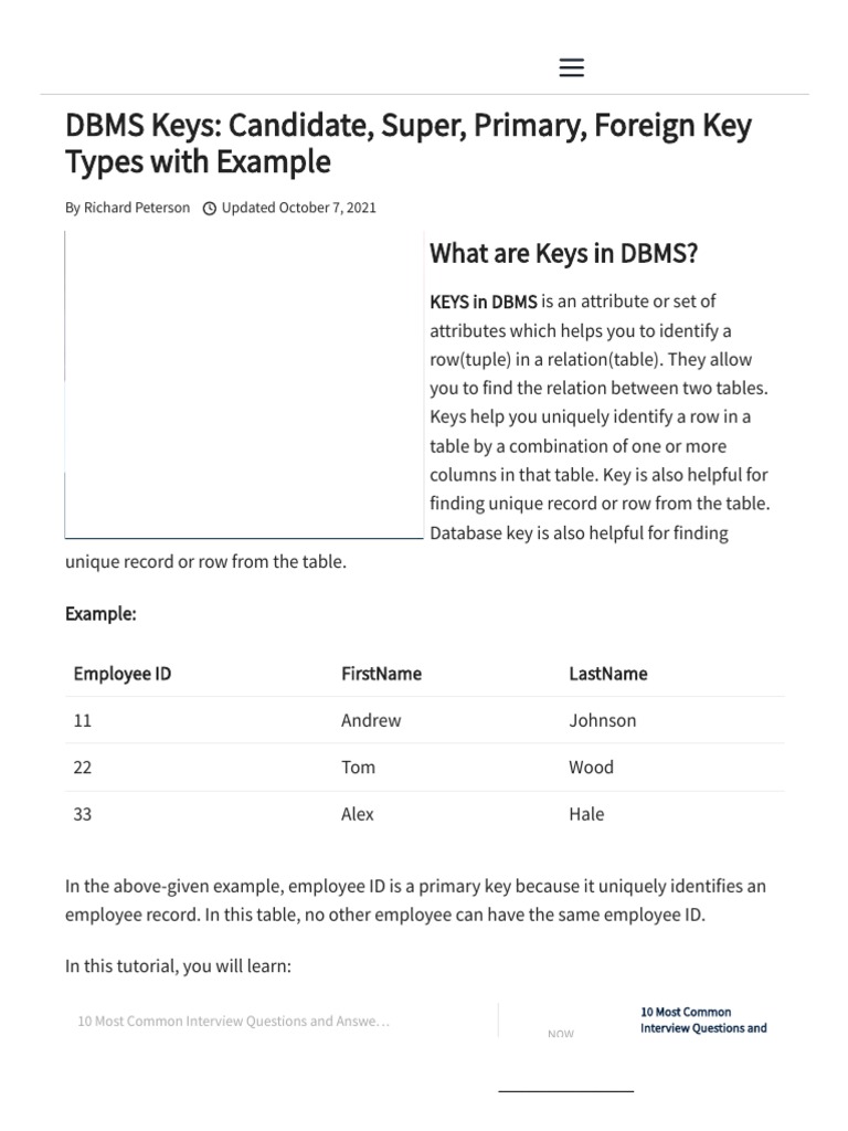 DBMS Keys - Candidate, Super, Primary, Foreign Key Types With Example | PDF | Relational ...