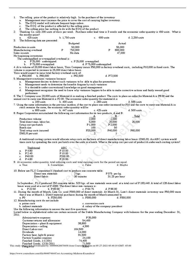 Cost Accounting Midterm Exam | PDF | Inventory | Cost