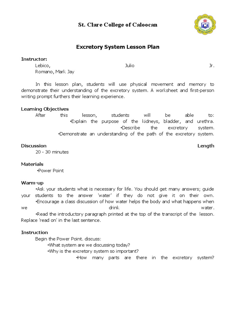 Excretory System Lesson Plan | PDF