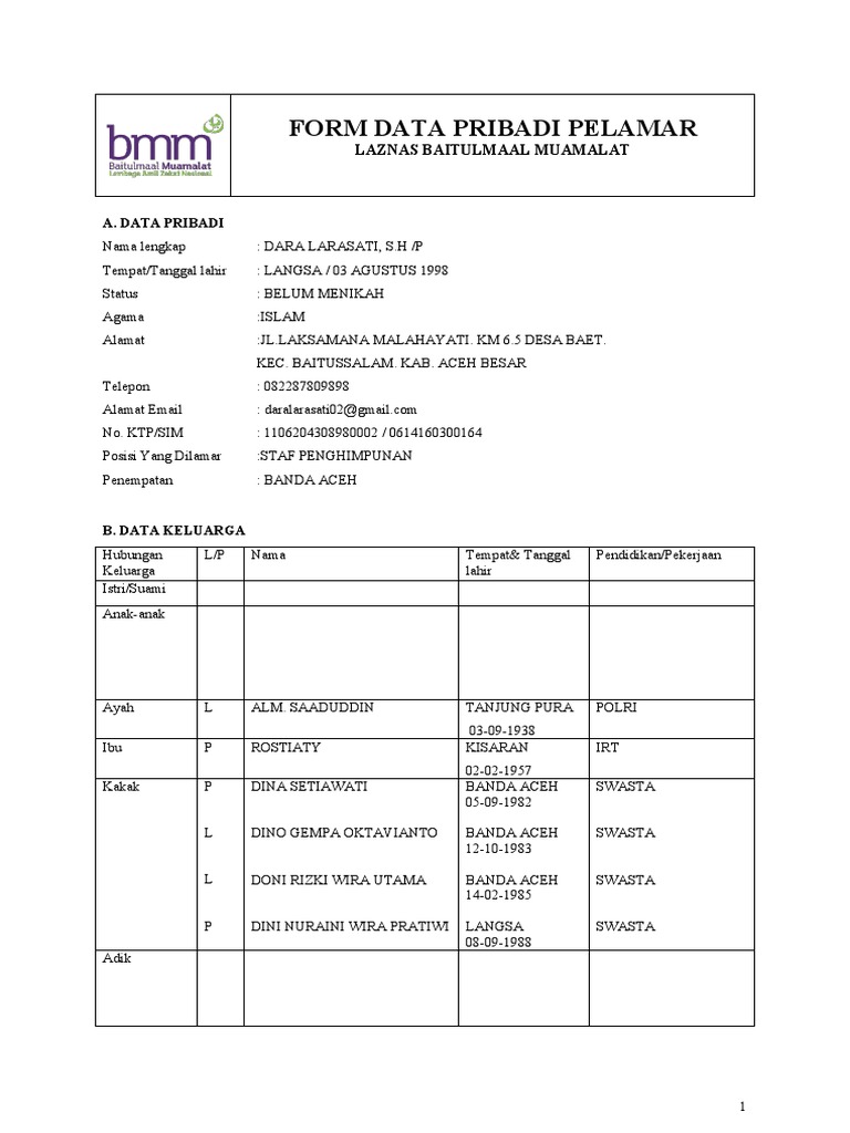 Form Data Pribadi Pelamar Baitulmaal Muamalat | PDF