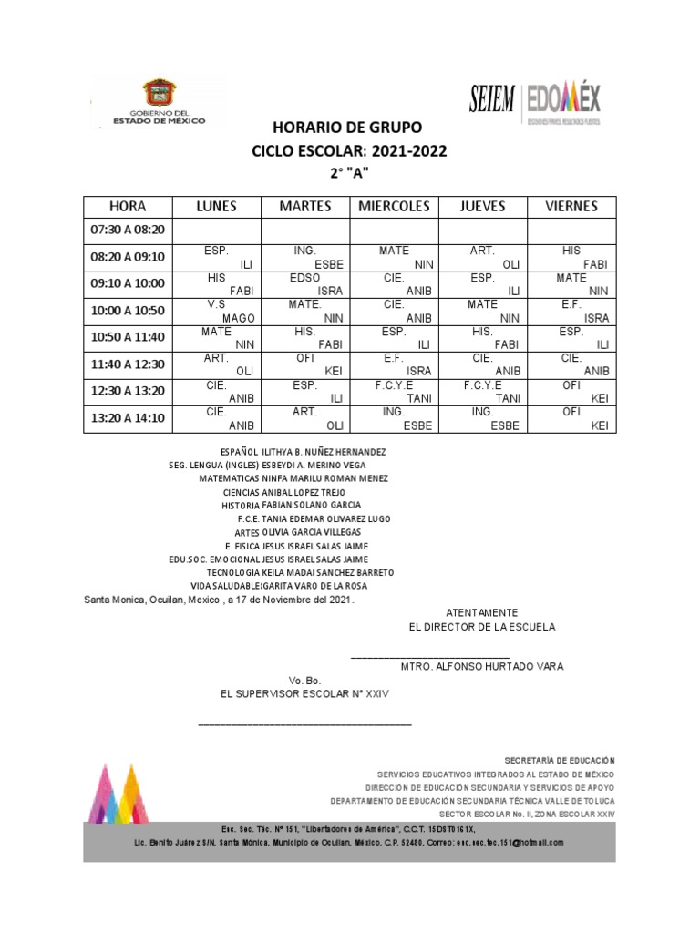 Horario 2° A 1 | PDF | Etapas educativas