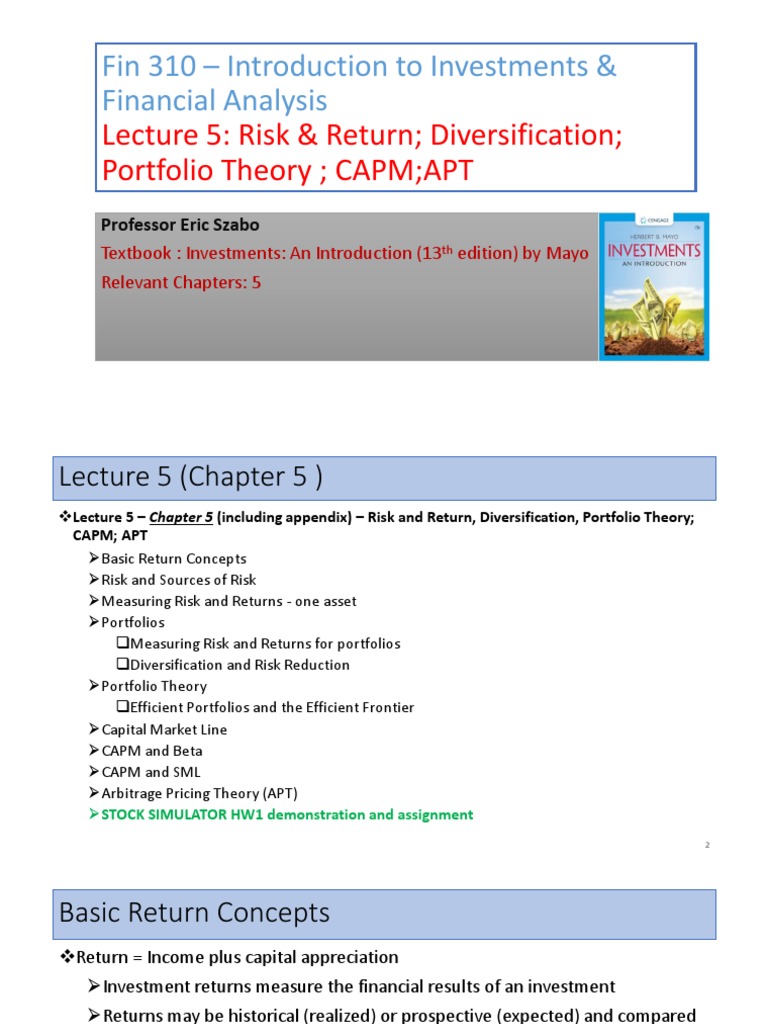 Fin 310 Lecture 5 - Risk & Return Diversification Portfolio Theory CAPM ...