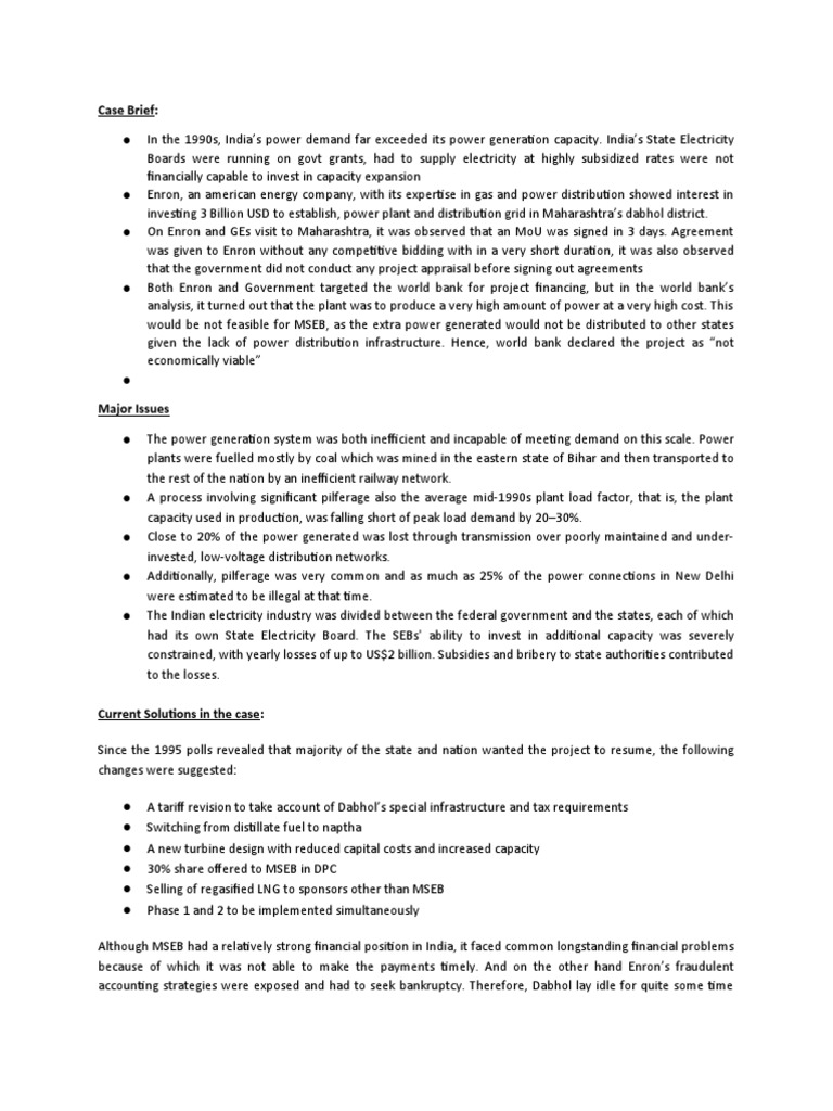 Enron - Dabhol Power Case Study - Group 10 | PDF | Economies