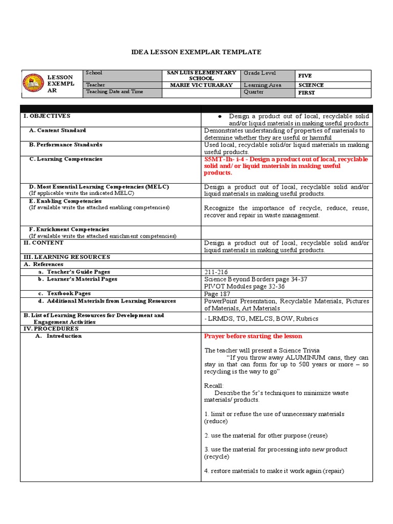 Idea Lesson Exemplar Template: Grade Level Learning Area Quarter | PDF ...