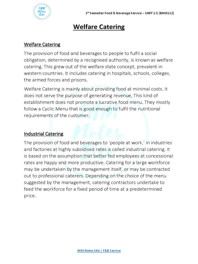Welfare Catering: 1 Semester Food & Beverage Service - UNIT 1.5 (BHM112 ...