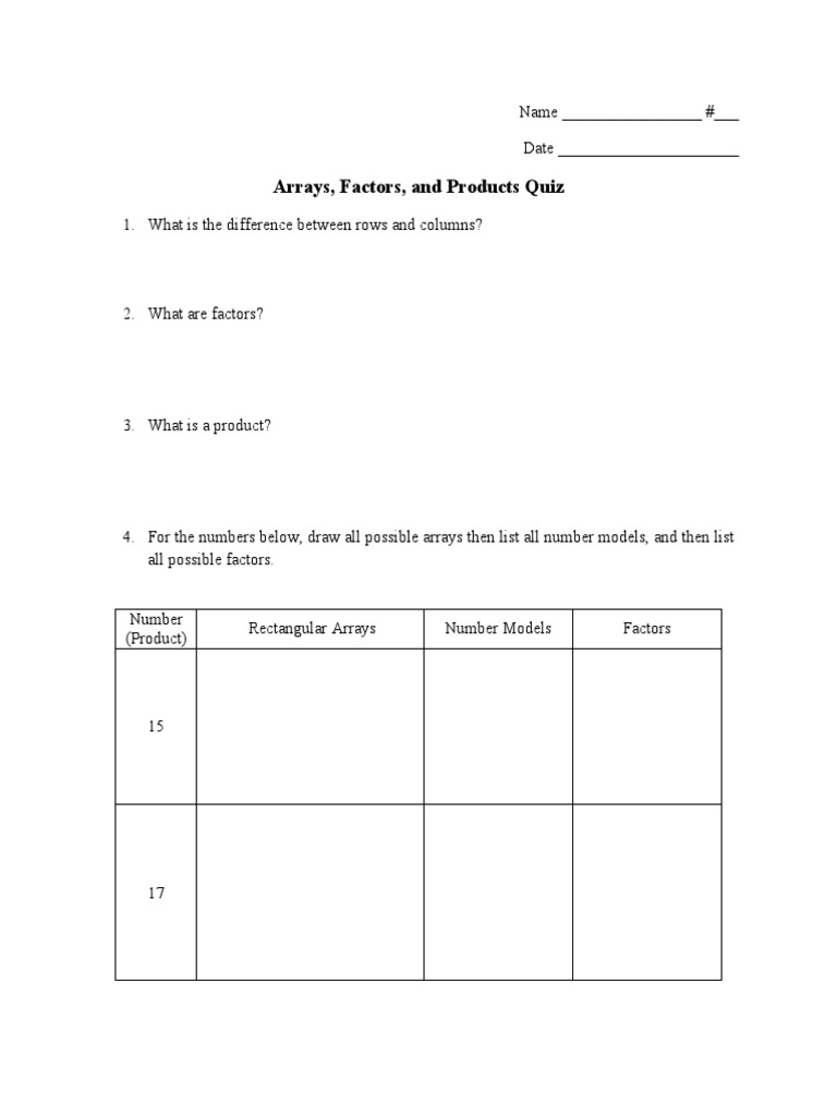 Math Quiz: Arrays & Factors | PDF