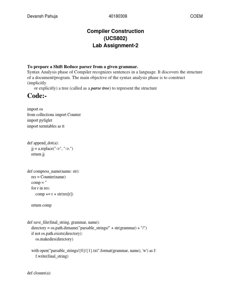 Code:-: Compiler Construction (UCS802) Lab Assignment-2 | PDF | Parsing ...