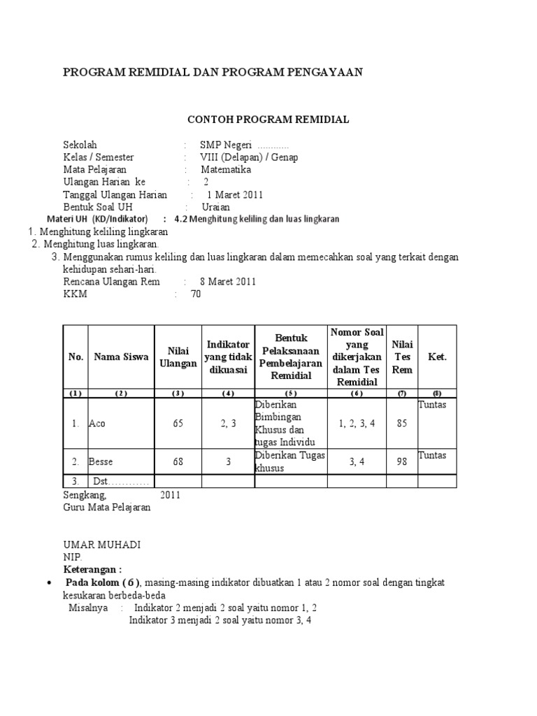 Contoh Program Remidial Dan Program Pengayaan | PDF