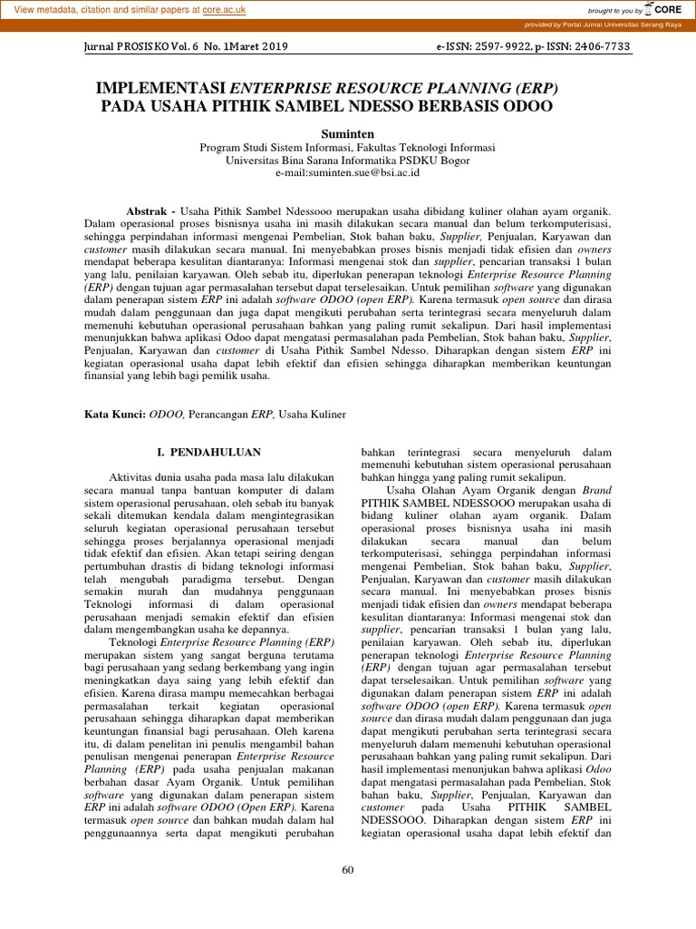 Implementasi Enterprise Resource Planning (Erp) Pada Usaha Pithik Sambel Ndesso Berbasis Odoo | PDF