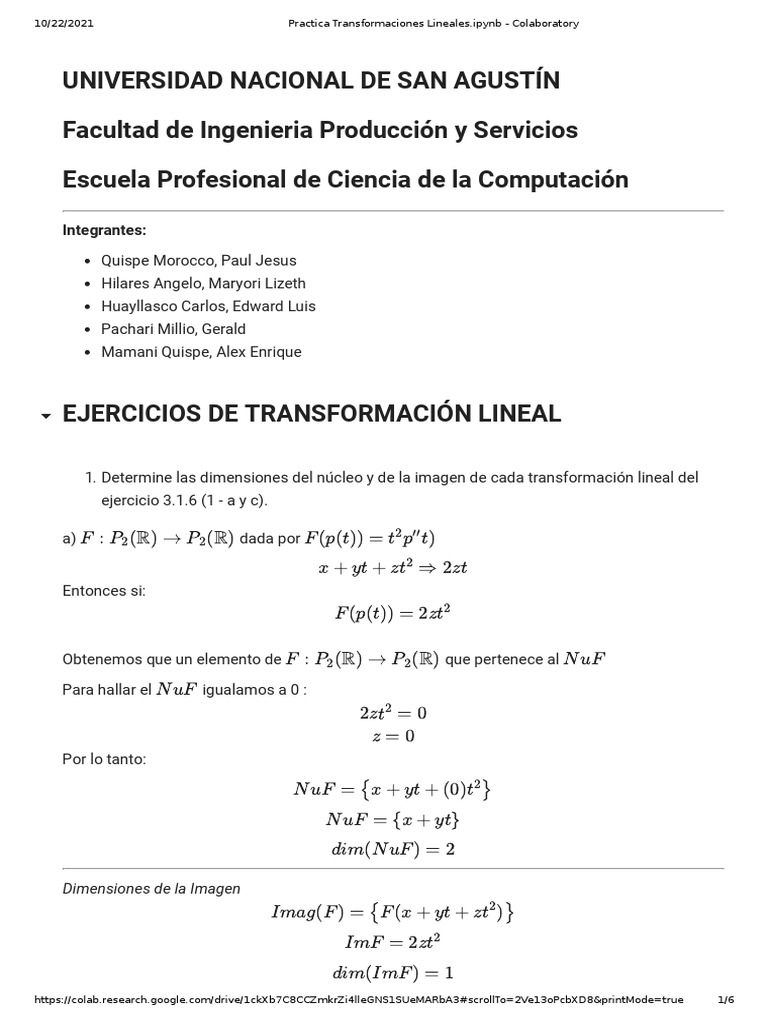 Practica Transformaciones Lineales - Ipynb - Colaboratory | PDF | Mapa lineal | Conceptos ...