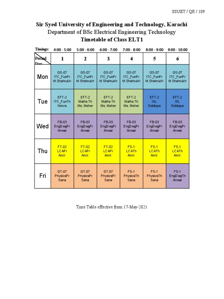 Timetable for Three Classes of BSc Electrical Engineering Technology at Sir Syed University of ...