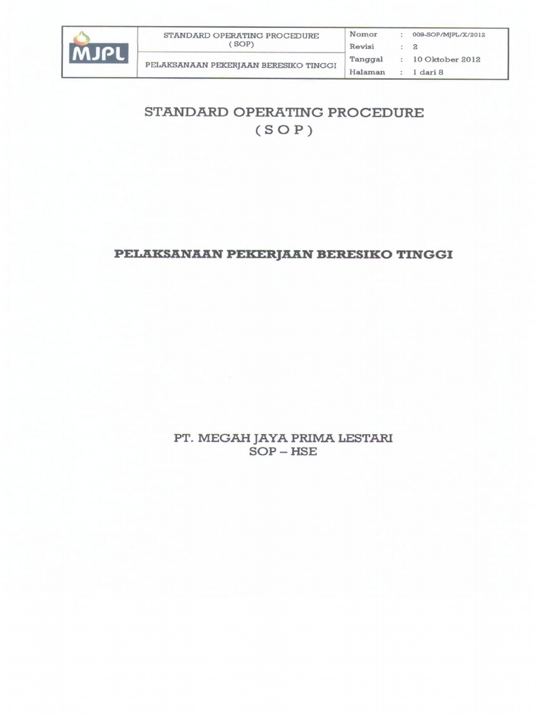 SOP-009 - Pelaksanaan Pekerjaan Beresiko Tinggi | PDF