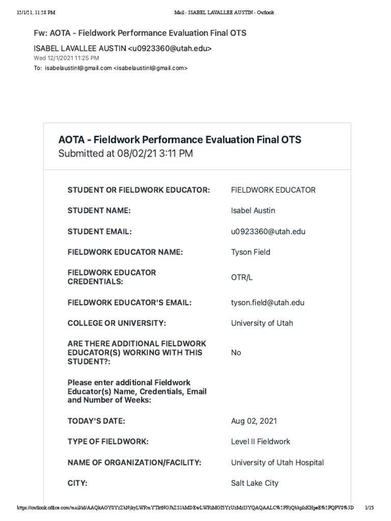 Fieldwork Final | PDF | Evaluation | Occupational Therapy