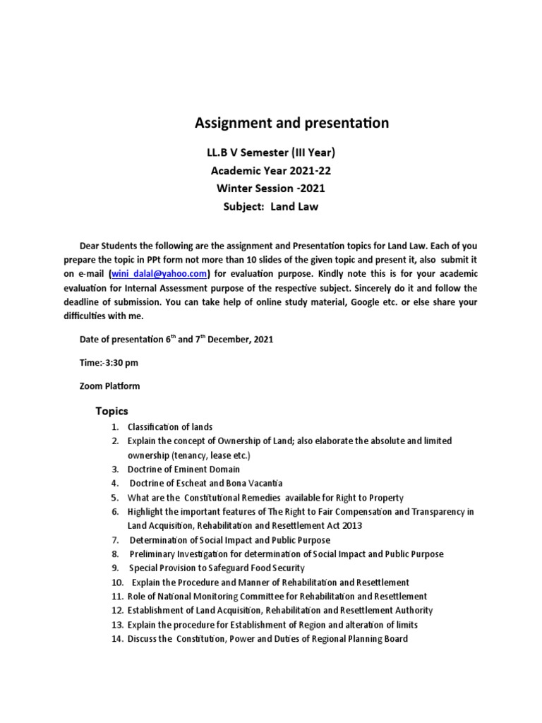 Assignment and Presentation: LL.B V Semester (III Year) Academic Year ...