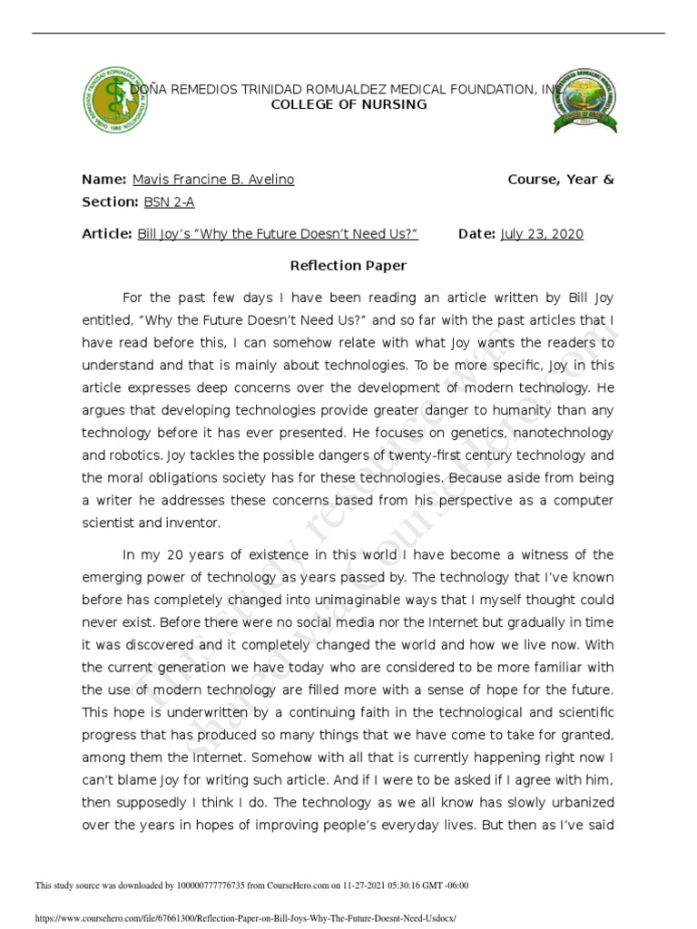 Reflection Paper On Bill Joy S Why The Future Doesn T Need Us | PDF