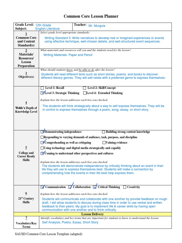 Writing Standard Lesson | PDF | Educational Assessment | Critical Thinking