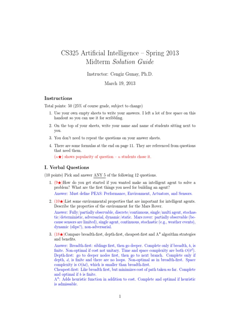 CS325 Artificial Intelligence - Spring 2013 Midterm Solution Guide | PDF | Applied Mathematics ...
