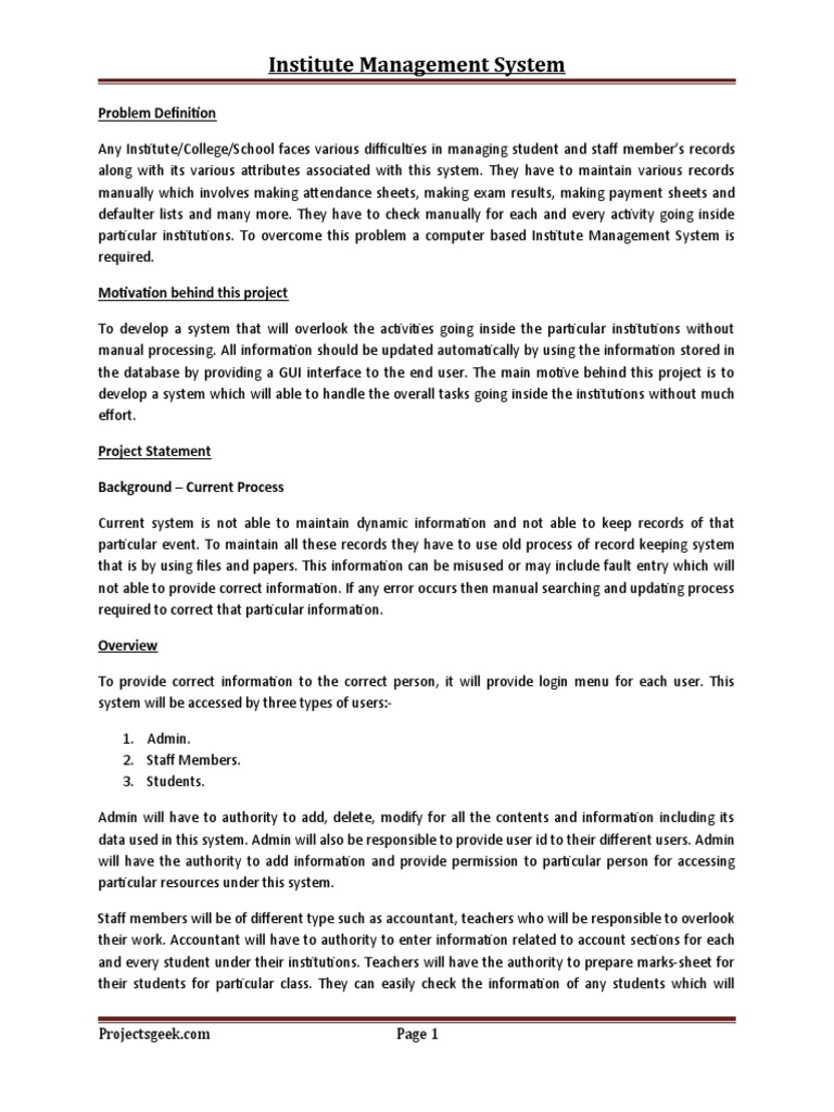 Institute Management System Overview | PDF | User (Computing) | Databases