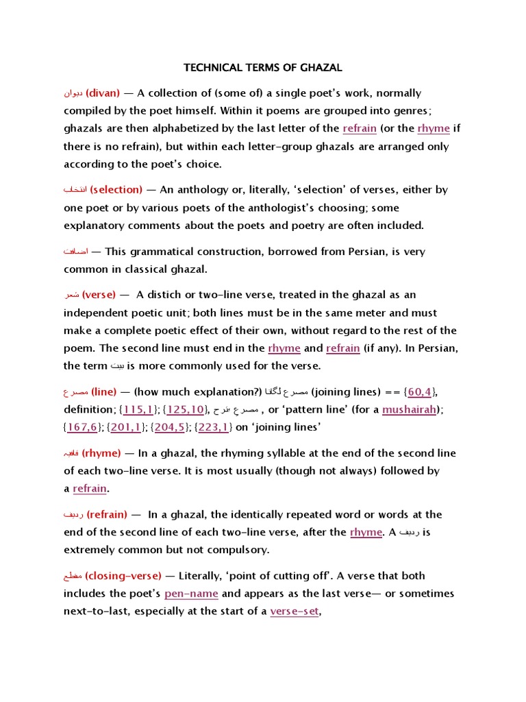 Understanding Ghazal Structure and Terms | PDF | Poetry | Phonaesthetics