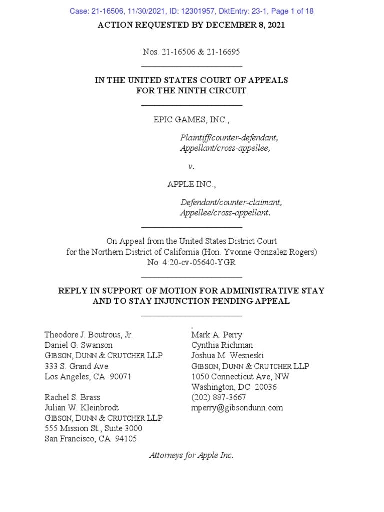 21-11-30 Apple Reply in Support of Motion To Stay Injunction | PDF | Injunction | Apple Inc.