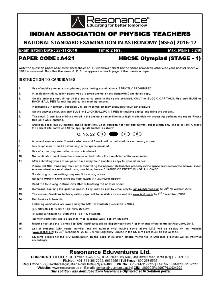 Indian Association of Physics Teachers: National Standard Examination ...