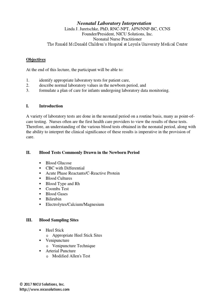 Neonatal Lab Interpretation | PDF | White Blood Cell | Hypoglycemia
