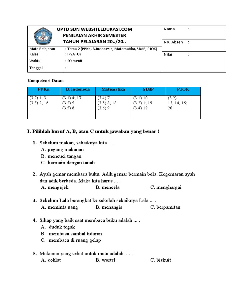 Soal PAS Kelas 1 Tema 2 | PDF