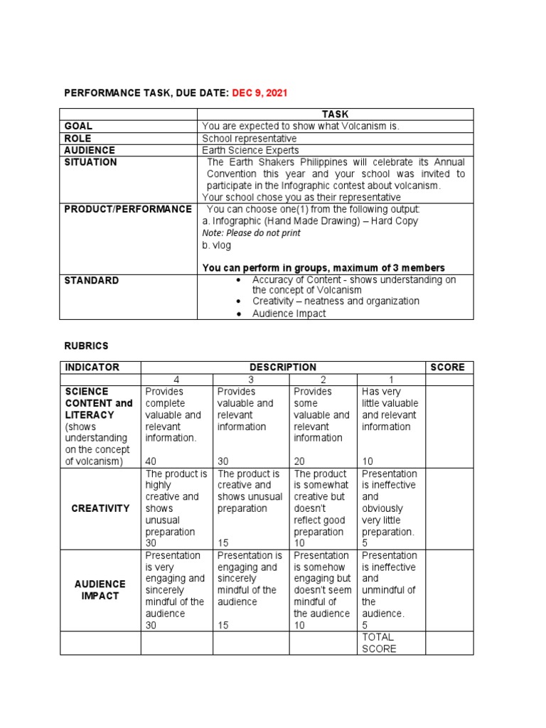 Performance Task, Due Date: Task Goal Role Audience Situation | PDF ...
