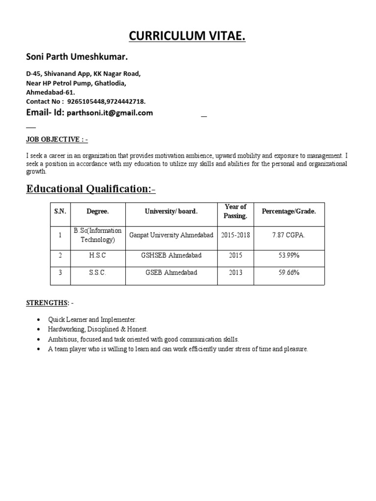Curriculum Vitae.: Educational Qualification | PDF | Health Care ...