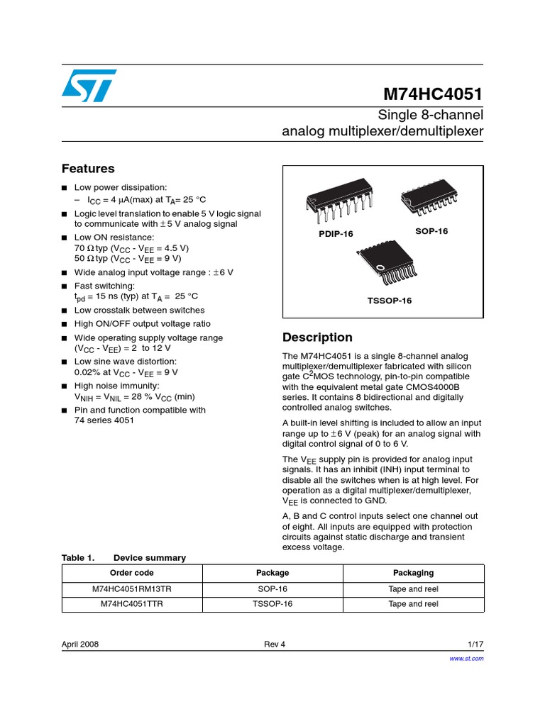 74HC4051 STMicroelectronics | PDF | Logic Gate | Analogue Electronics