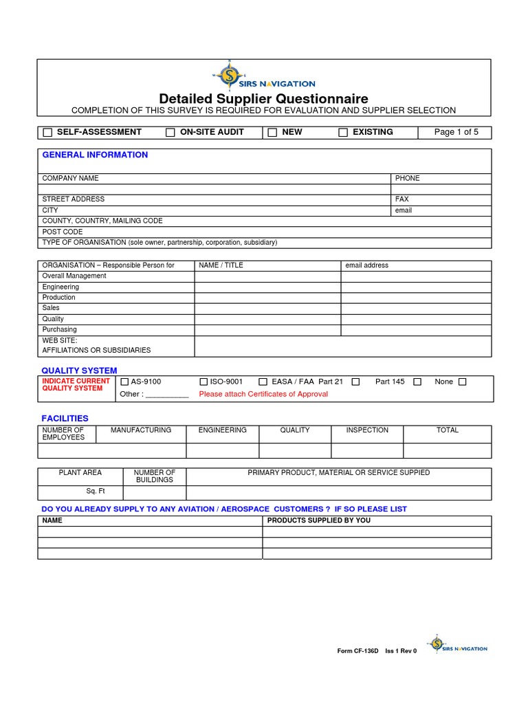Supplier Evaluation Questionnaire Form | PDF | Calibration | Packaging ...