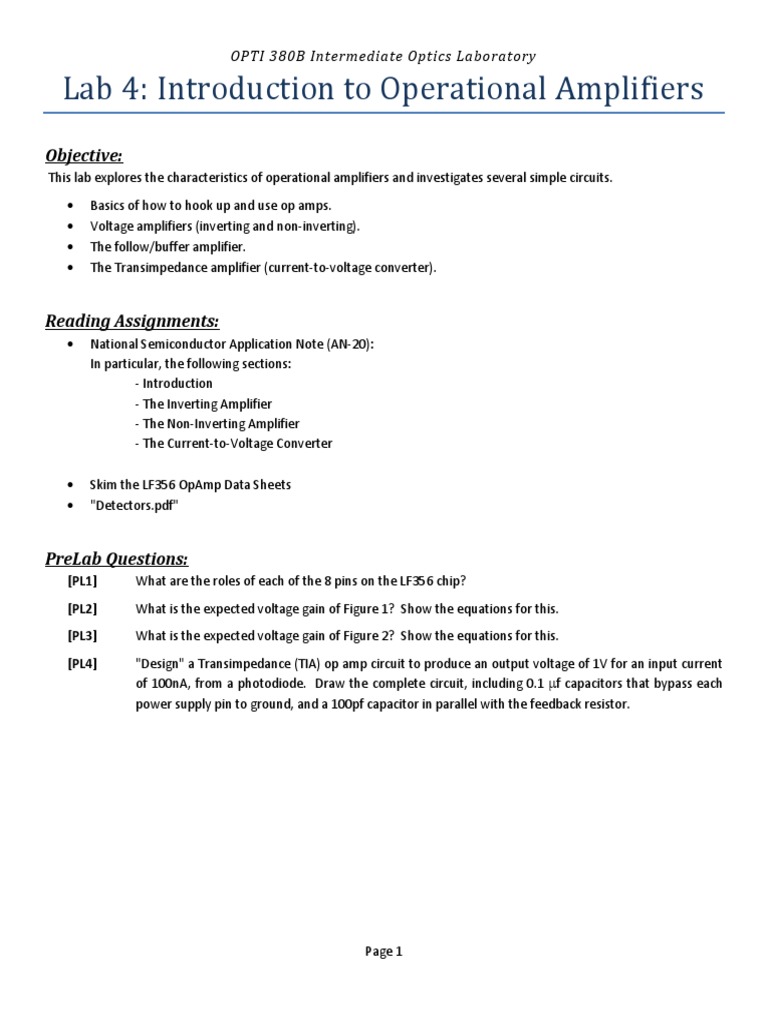 Lab 4: Introduction To Operational Amplifiers: Objective | PDF | Operational Amplifier | Amplifier