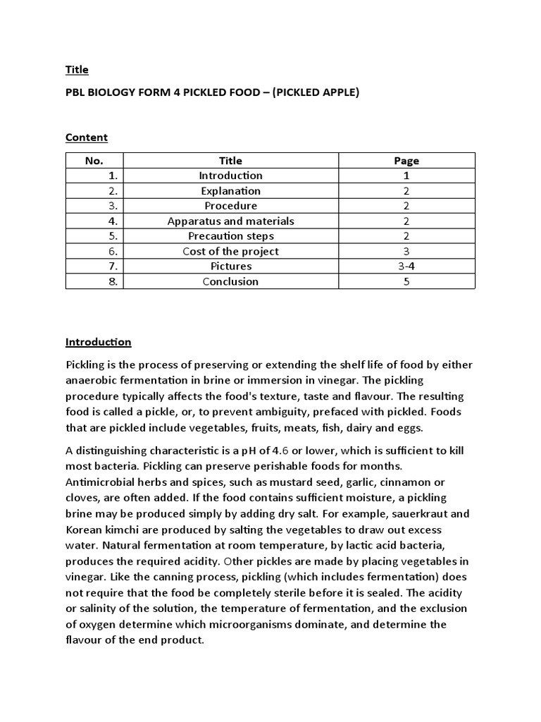 Title PBL Biology Form 4 Pickled Food - (Pickled Apple) | PDF ...