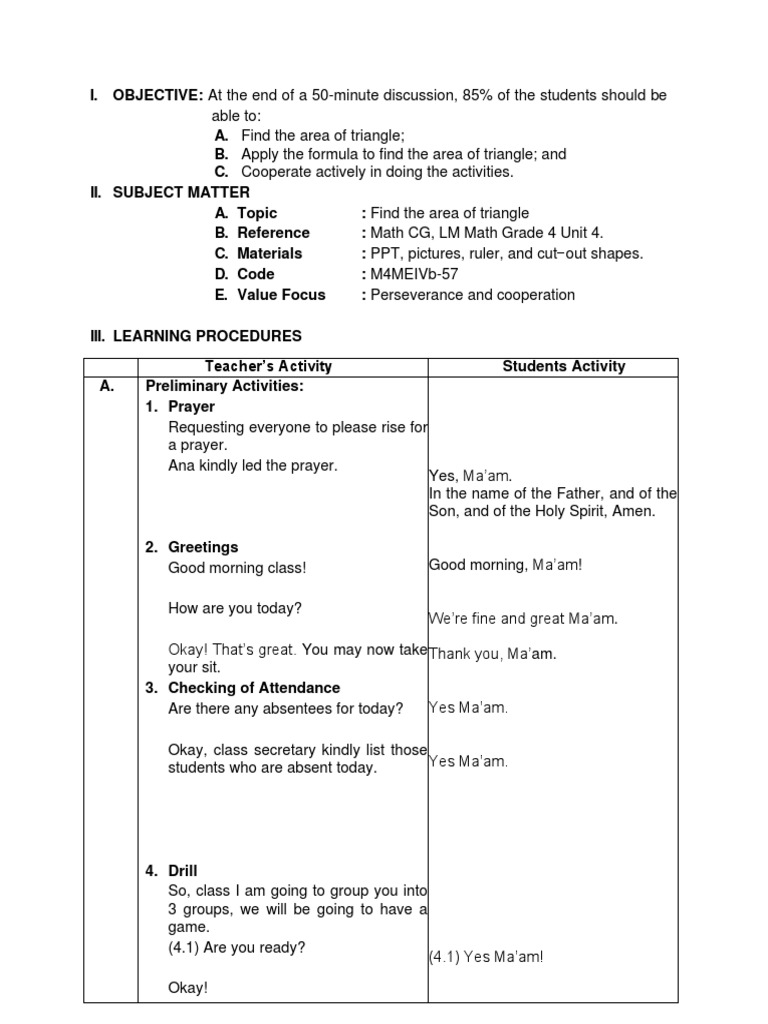Deductive Lesson Plan in Math Grade 4 | PDF | Area | Triangle