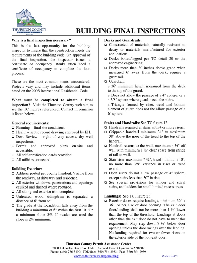 Building Final Inspection Checklist | PDF | Duct (Flow) | Stairs