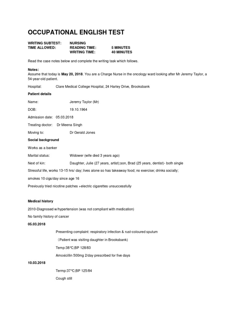 Occupational English Test: Writing Subtest: Nursing Time Allowed ...