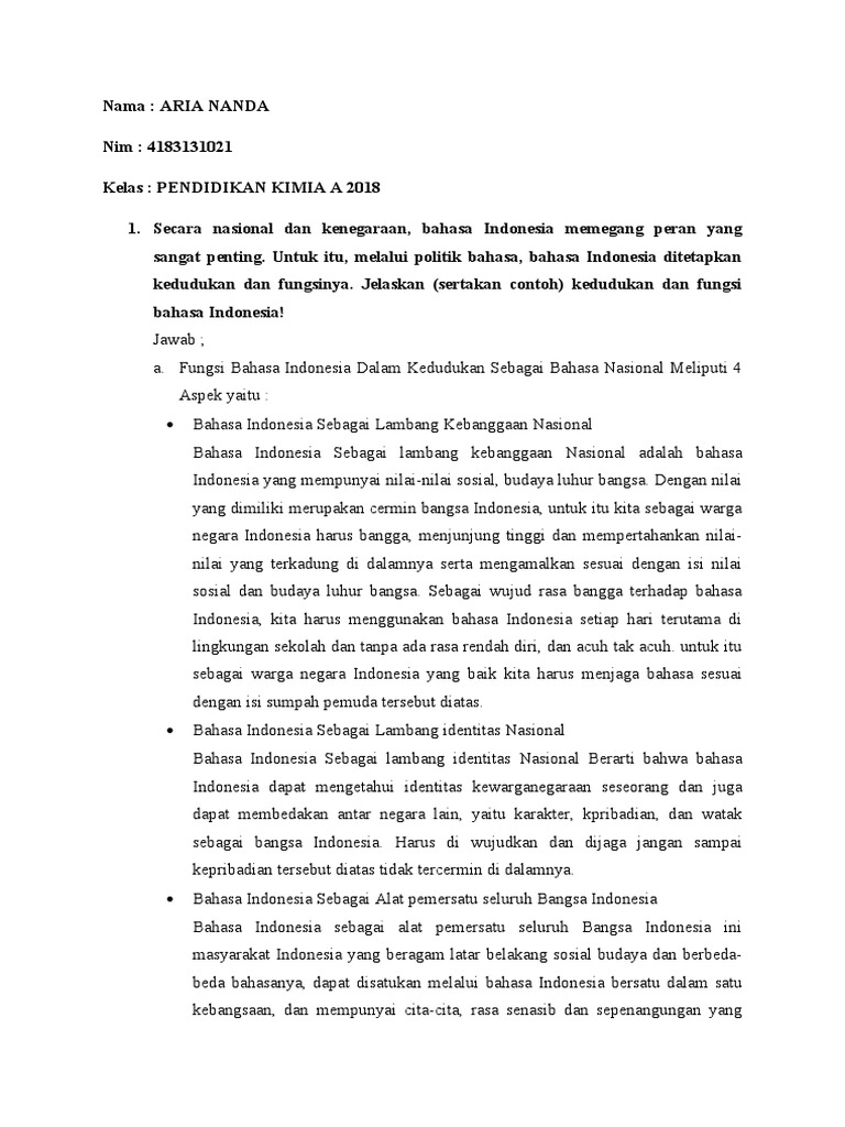 Uts - Bahasa Indonesia - Pendidikan Kimia A18 - Aria Nanda | PDF