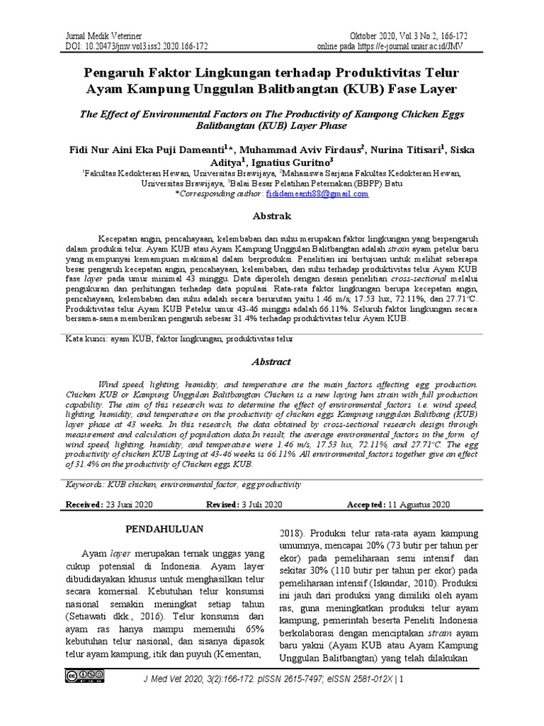 Pengaruh Faktor Lingkungan Terhadap Produktivitas Telur Ayam Kampung Unggulan Balitbangtan (KUB ...
