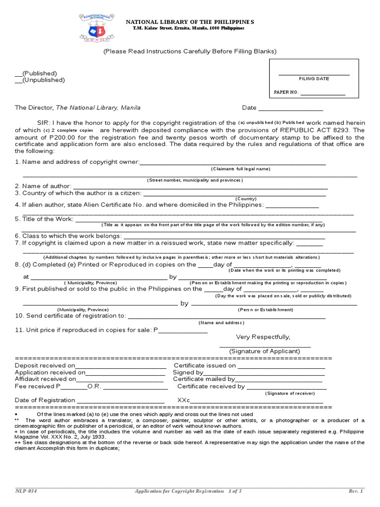 National Library Copyright Form | PDF | Affidavit | Copyright