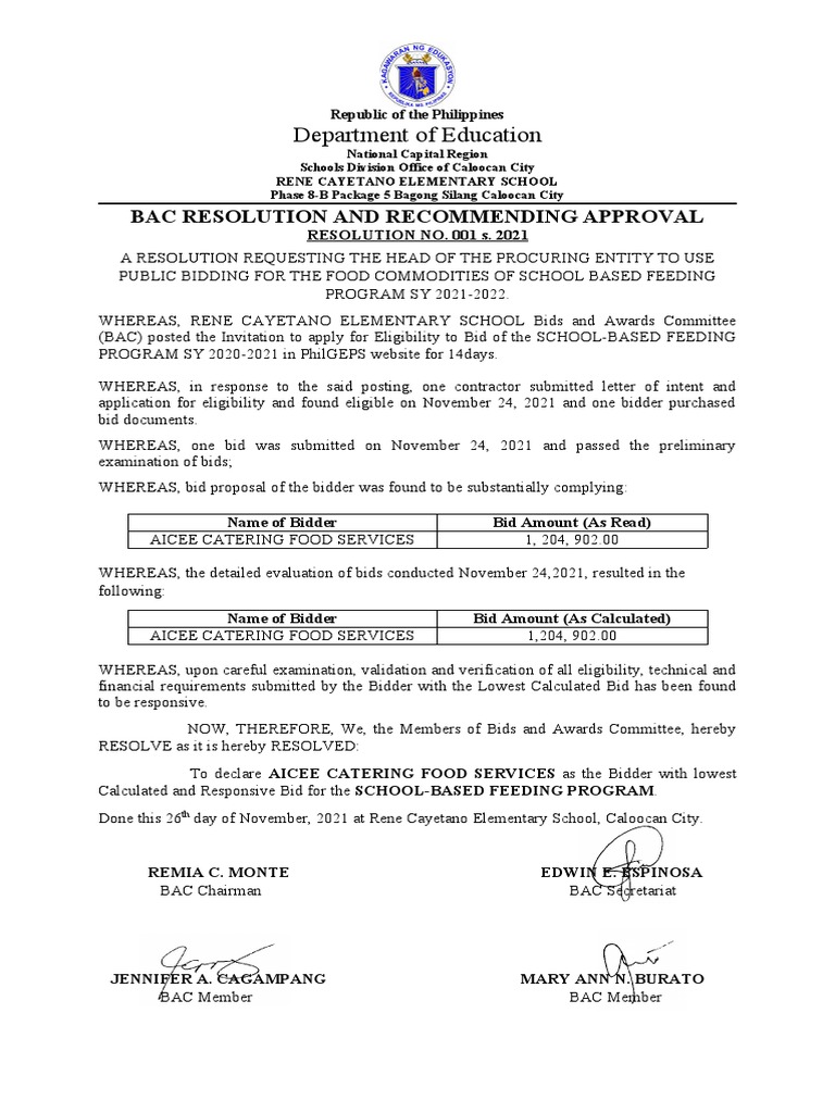 BAC Resolution for AICEE Catering Approval | PDF | Government
