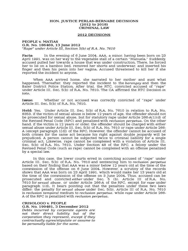 Digests of Cases of Justice Perlas Bernabe | PDF | Insanity Defense ...