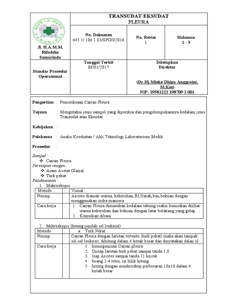 SPO Transudat Eksudat Pleura - Revisi 1 | PDF