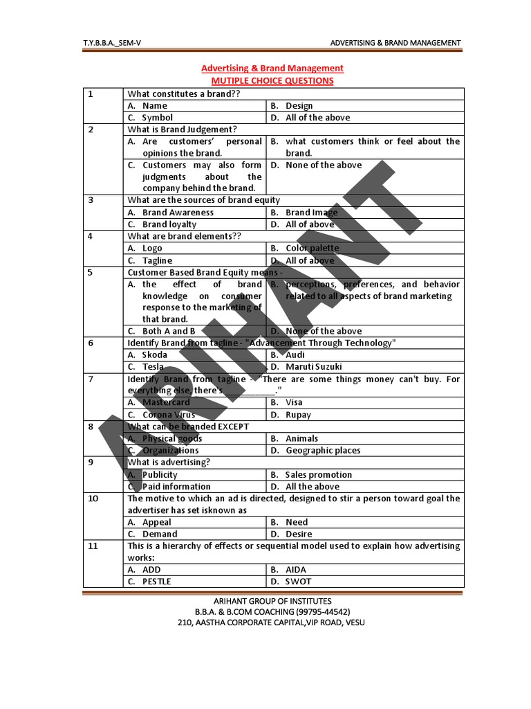 Advertising & Brand Management MCQs | PDF | Brand | Advertising